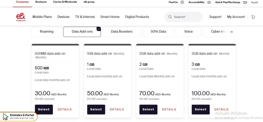 Etisalat Monthly Data Package 25 AED - Emirates E-Portal