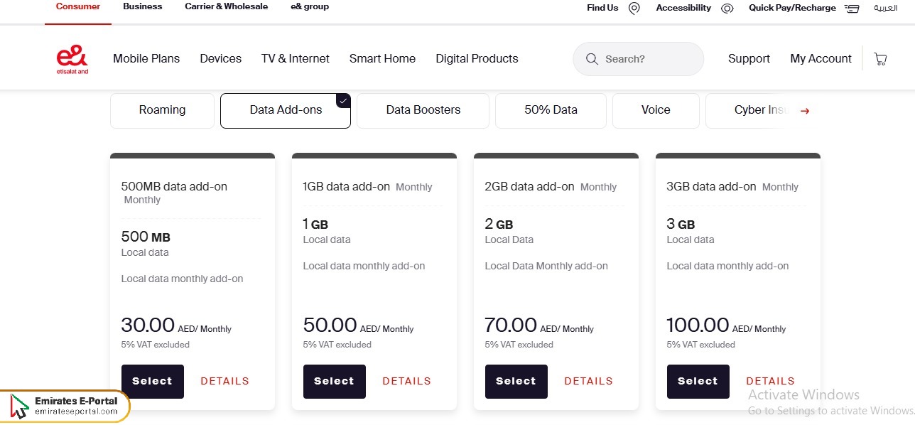 Etisalat Monthly Data Package 25 AED - Emirates E-Portal